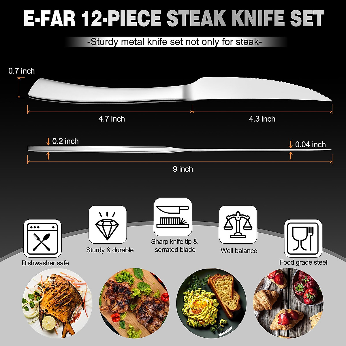 E-far Serrated Steak Knives Set of 12, Stainless Steel Dinner Knife for Home Kitchen Restaurant, 9 Inch Table Knife with Ergonomic Handle and Sharp Tip & Blade, Mirror Silver & Dishwasher Safe