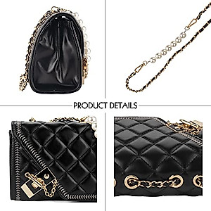 Quilted Cellphone Crossbody Purses for Women, Chain Small Black Shoulder Pearl Bag, Retro Evening Clutch Handbag for Prom, Party, Wedding, Cocktail