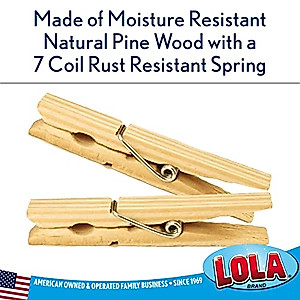 Lola Products Wooden Clothespins | Moisture Resistant Natural Pine Wood | Rust Resistant 7 Coil Spring Clips | Will Hold Up to 10lbs On Each Clothespin | Multipurpose - 50 Pack