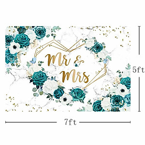 AIBIIN 7x5ft Green Mr and Mrs Floral Backdrop Teal Wedding Photography Background Heart Geometric Marble Flowers Bridal Shower Banner Women Bride to Be Couple Engagement Party Cake Smash Photo Props