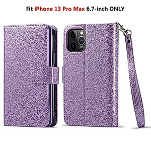 Varikke for iPhone 13 Pro Max Case Wallet, iPhone 13 Pro Max Case for Women with Card Holder & Magnetic Detachable Cover & Kickstand Strap Glitter PU Leather Flip Case for iPhone 13 Pro Max, Purple