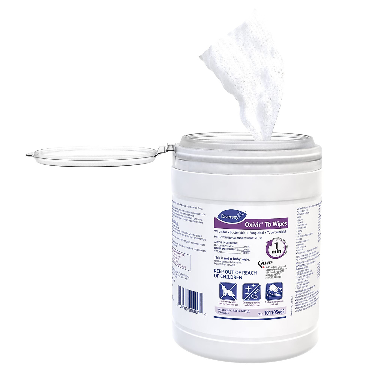 Diversey Oxivir Tb 101105463 One Step Disinfectant Cleaning Wipes, Accelerated Hydrogen Peroxide, Standard Sheets, 160-Wipes, 1-Canister