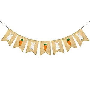 FAKTEEN Happy Easter Burlap Banner Decorations Rabbit & Carrot Hanging Bunting Garland for Spring Easter Party Décor Photo Booth Backdrop