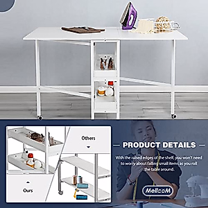 MELLCOM Home Hobby Craft Table with Storage Shelves, Mobile Folding Cutting Table for Large Fabric, Foldable Table for Home Office Sewing Room Craft Room, Fixed Height 35.5in
