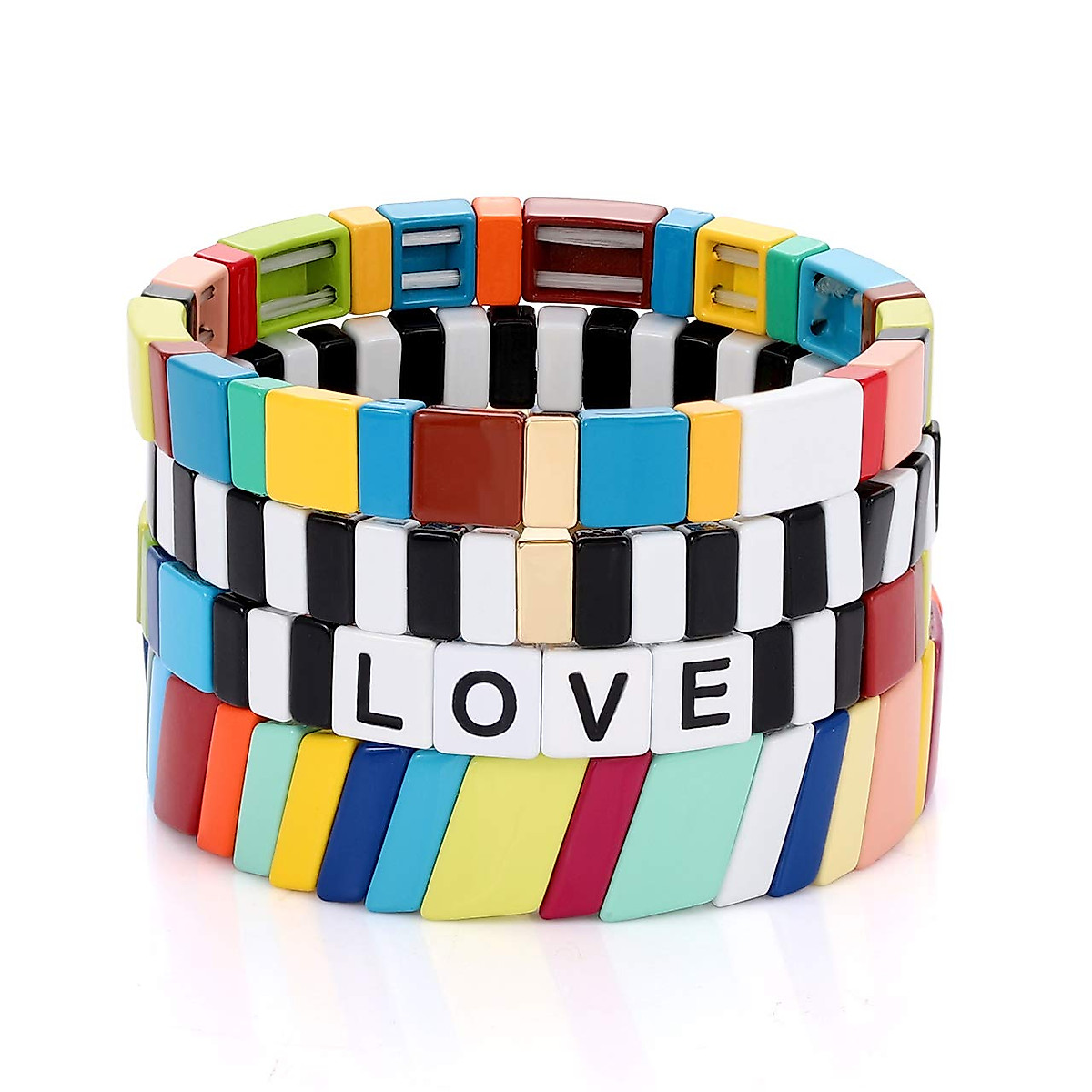HZEYN Enamel Tile Bracelet Stackable Rainbow Tile Bead Love Stretchy Bracelet Colorblock Enamel Brite Bracelet for Women Set of 4 Strands