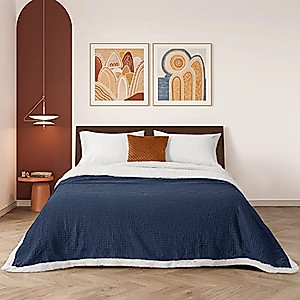 PHF Waffle Sherpa Blanket King Size, Luxury Warm Plush Flannel Blanket for Winter, No Shed No Pilling Cozy Soft Waffle Weave Fleece Blanket for Bed and Couch, Navy Blue, 104x90 Inches