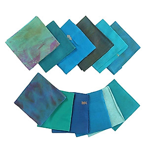 VintageandYou 12 Pieces Reclaimed Sari Silk Fat Quarter Fabric Bundle DIY Sewing Craft, 18 x 22 Inches- Sea Blue