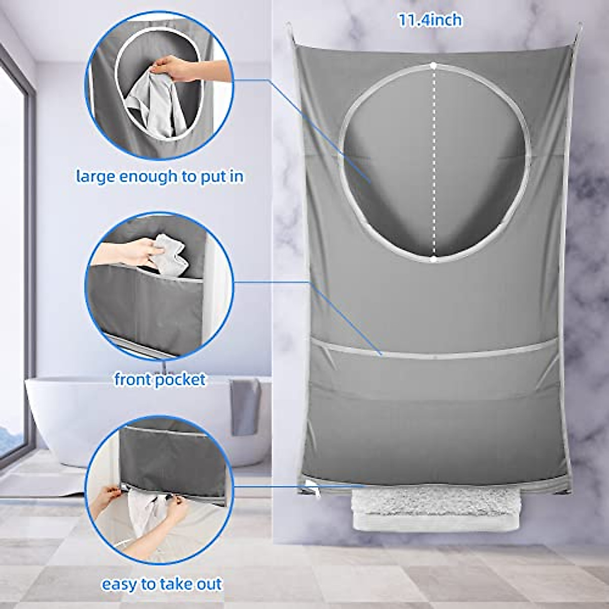 2 PCS Hanging Laundry Hamper Bags Laelr Over Door Laundry Bag with Stainless Steel Hooks and Self-adhesive Hooks Large Laundry Organizer with Zipper for Holding Dirty Clothes and Saving Space 29x18''