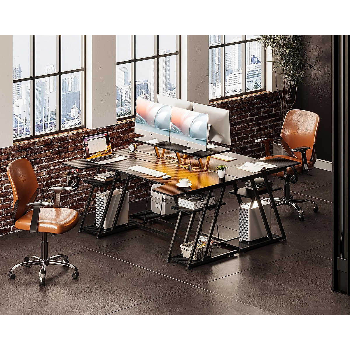 MOTPK Gaming Desk with LED Lights, 60 Inch U Shaped Desk with Power Outlet, Gaming Computer Desk with Storage Shelves, PC Gaming Table with Monitor Stand&Headphone Hook, Carbon Fiber Texture, Black