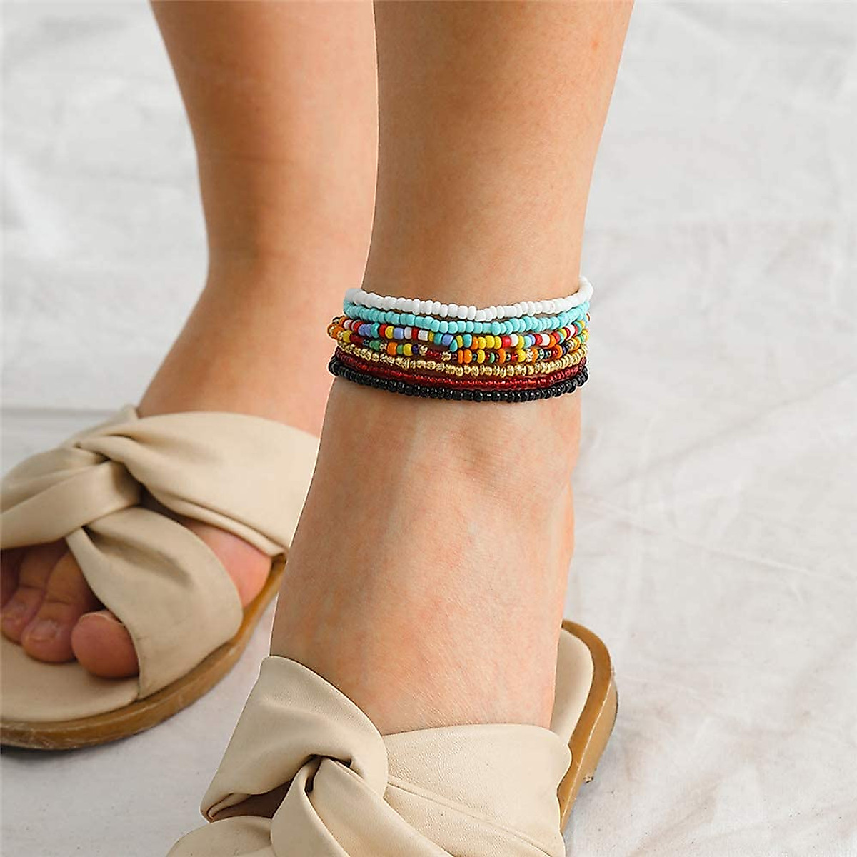 kelistom Boho Anklet for Women Teen Girls Handmade Elastic Beaded Ankle Bracelets for Women Summer Foot Jewelry (7PCS)