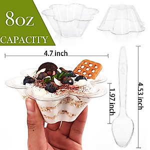 50ct 8oz Clear Plastic Dessert Cups with Spoons, Disposable Flower Shaped Ice Cream Bowls, Party Sundae Serving Bowls for Ice Cream, Nuts and Salad, Trifle Tasters Containers