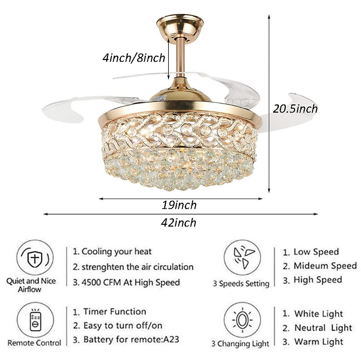 FANRYO 42"LED Crystal Invisible Ceiling Fan with Lights and Remote , Adjustable Tri-color Lighting Tri-Wind Speed Silent Motor Indoor Chandelier Lighting Fandelier for Livingroom Bedroom (42''-gold)