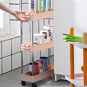 DILUOOU 3 Tier Slim Storage Cart, Mobile Shelving Unit Organizer Slide Out Rolling Storage Racks with Wheels, for Kitchen Bathroom Laundry Room Narrow Places，Pink