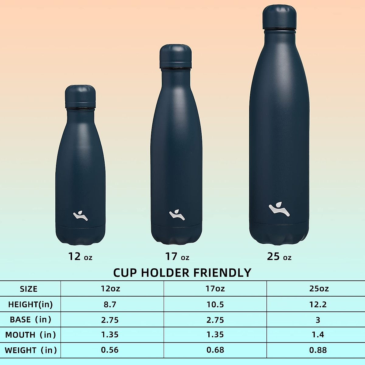 Konokyo Insulated Water Bottles,12 oz Double Wall Stainless Steel Vacumm Metal Flask for Sports Travel, Navy Blue