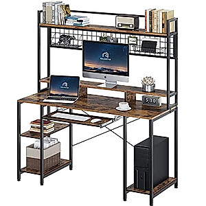 Rolanstar Computer Desk with Hutch and Keyboard Tray, 55" Office Desk with Storage Shelves, Studying Writing Desk Workstation for Home Office, Rustic Brown