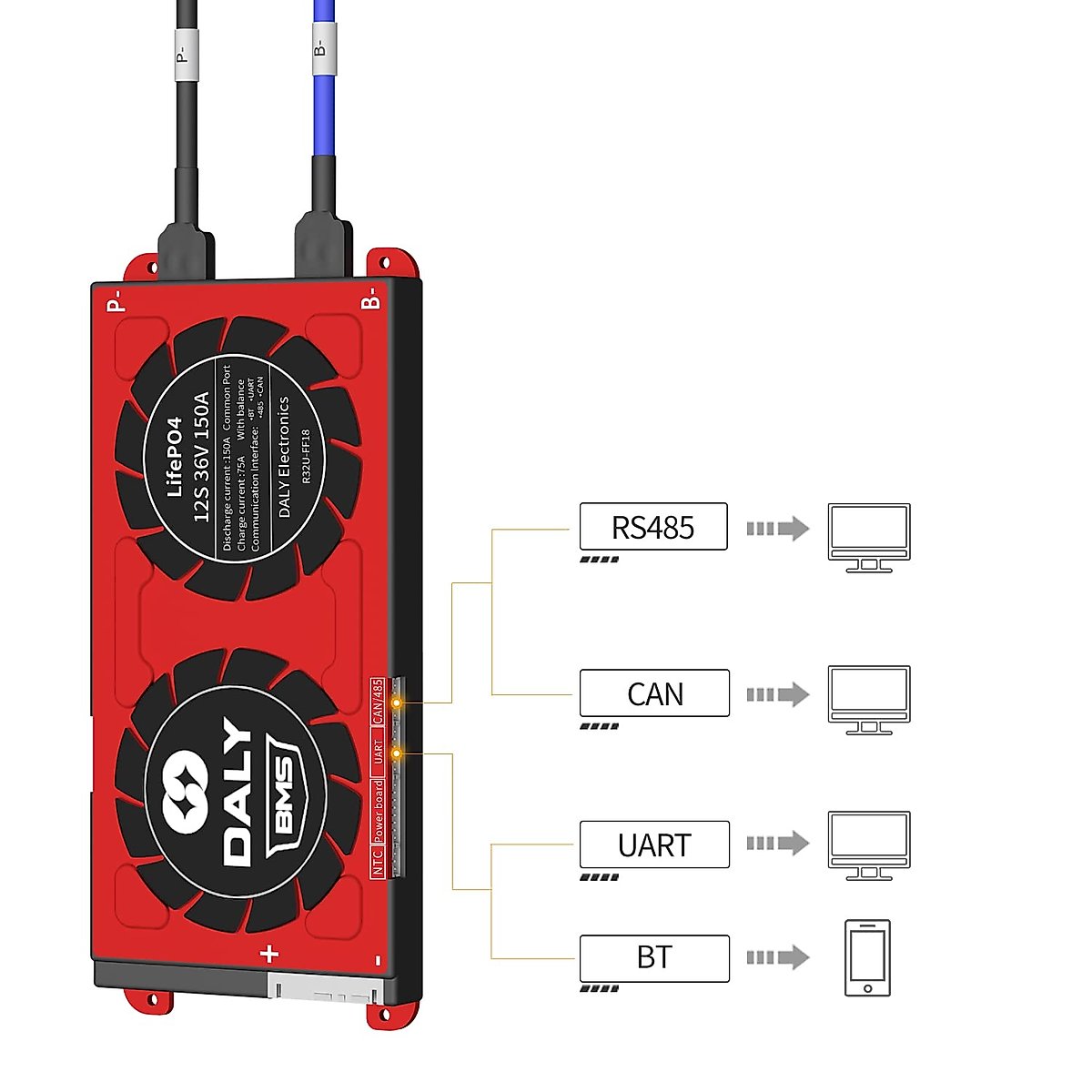 DALY Smart BMS LiFePo4 12S 36V 150A PCB Battery Protection Board with UART Communication and CAN 485 Bluetooth Battery Monitoring Module for Household Energy Storage