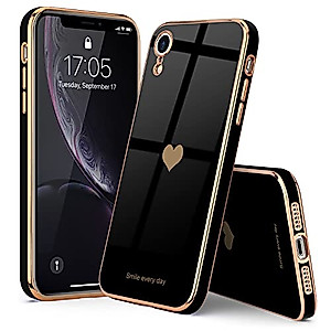 Teageo Compatible with iPhone Xr Case for Women Girl Cute Love-Heart Luxury Bling Plating Soft Back Cover Raised Full Camera Protection Bumper Silicone Shockproof Phone Case for iPhone Xr, Black