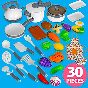 Next Milestones Kids Kitchen Playset - Cooking Toys Kit for Pretend Play - Apron, Chef's Hat, Cookware, Utensils, Pans, Pots & Vegetables Included - Suitable for Children 3 Years & Up - 30-Piece Set