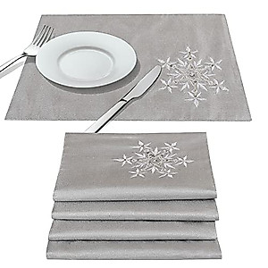 OWENIE Christmas Table Placemats Set of 4, Silver Placemats with Sequins Embroidery, Grey Place Mats for Dining Table, Xmas Holiday Tabletop Decor, Winter Table Decorations, Farmhouse 13 X 19 Inch