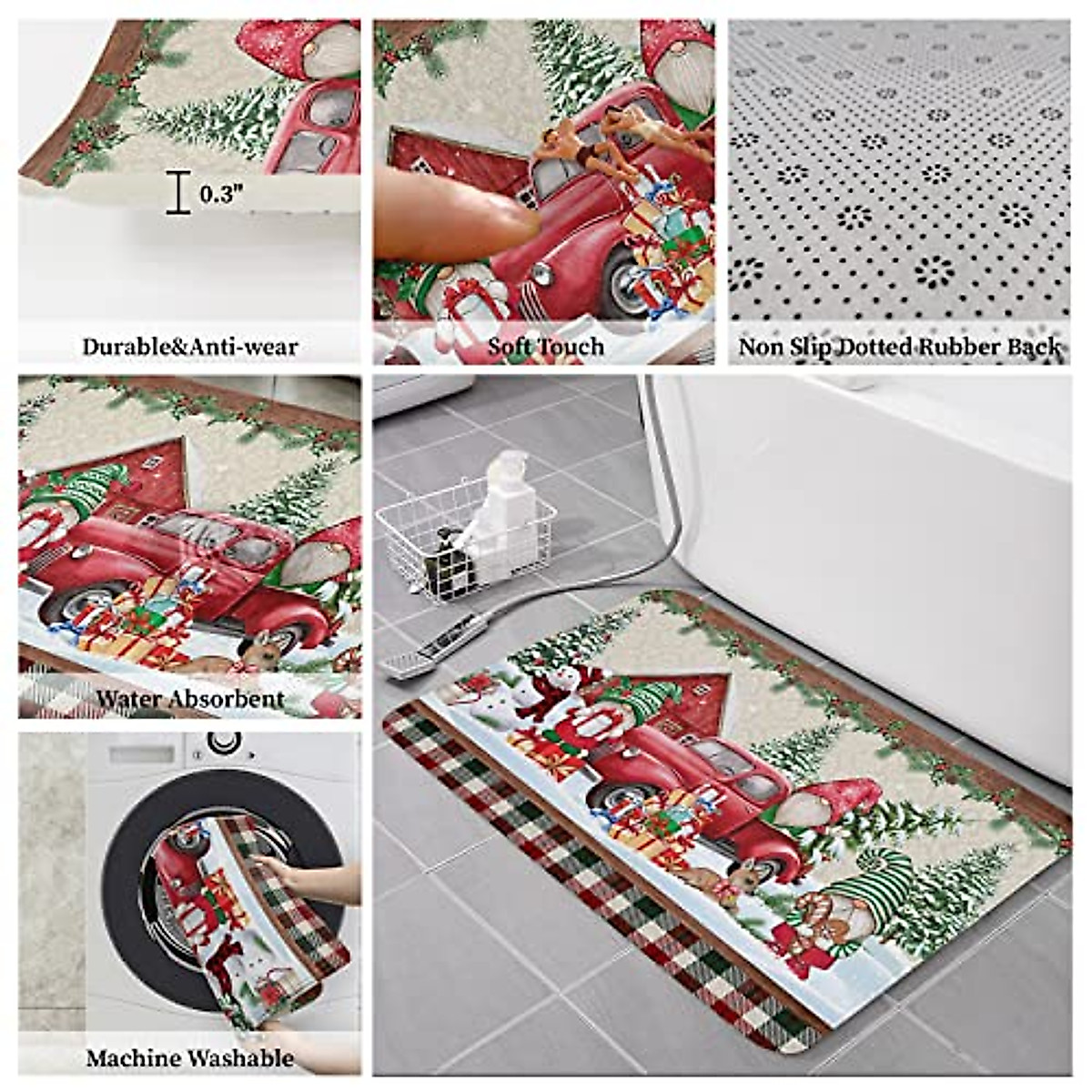 Kitchen Mat Rug Set of 2 Christmas Farmhouse Elk Gnome Truck Red Green Plaid Runner Rug Anti-Fatigue Comfort Memory Foam Standing Mat Non-Slip Floor Door Mat for Bathroom Bedroom 16x24n+16x47in