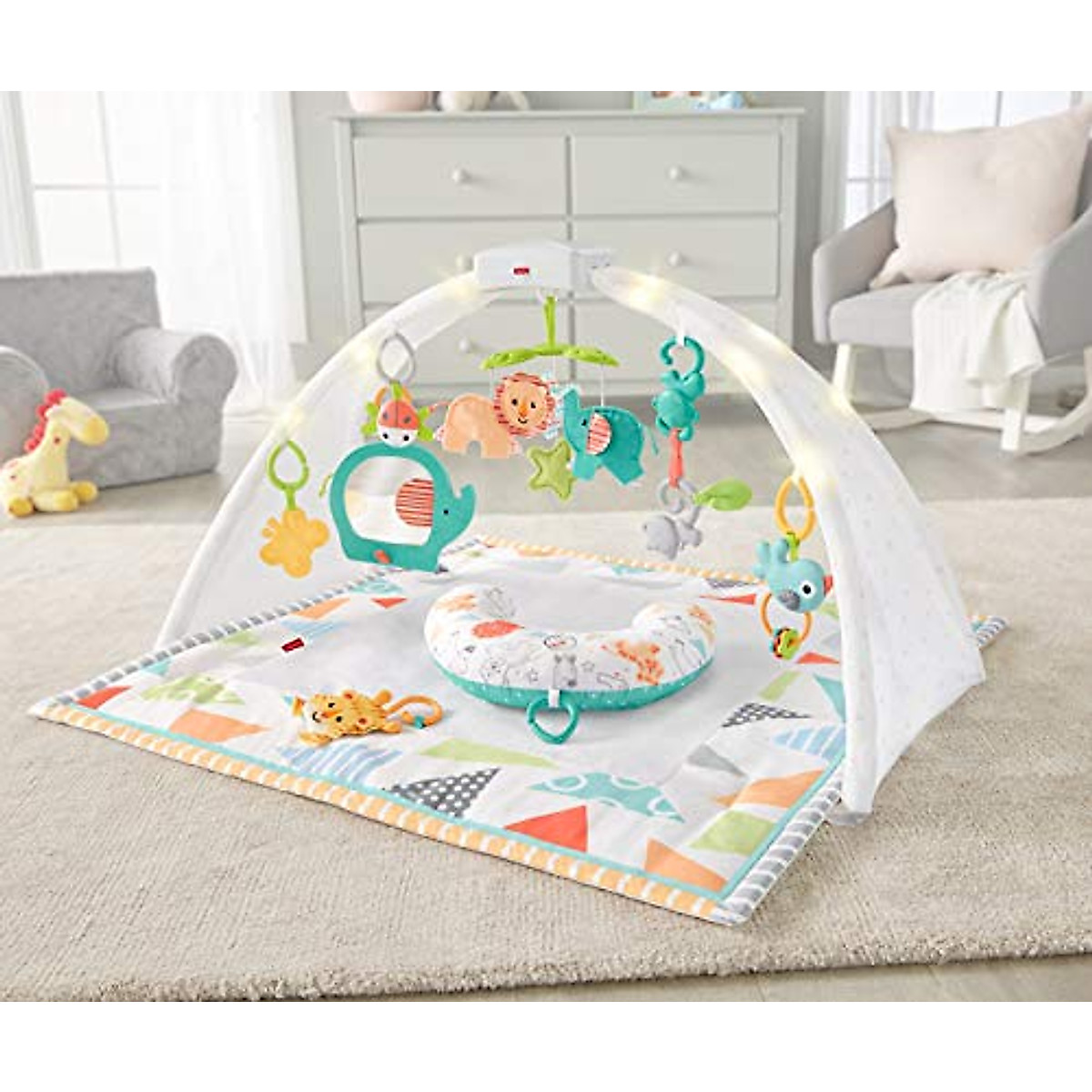 Fisher-Price Safari Music & Lights Gym Tummy Time Playmat with Take-Along Toys for Newborns from Birth and Older