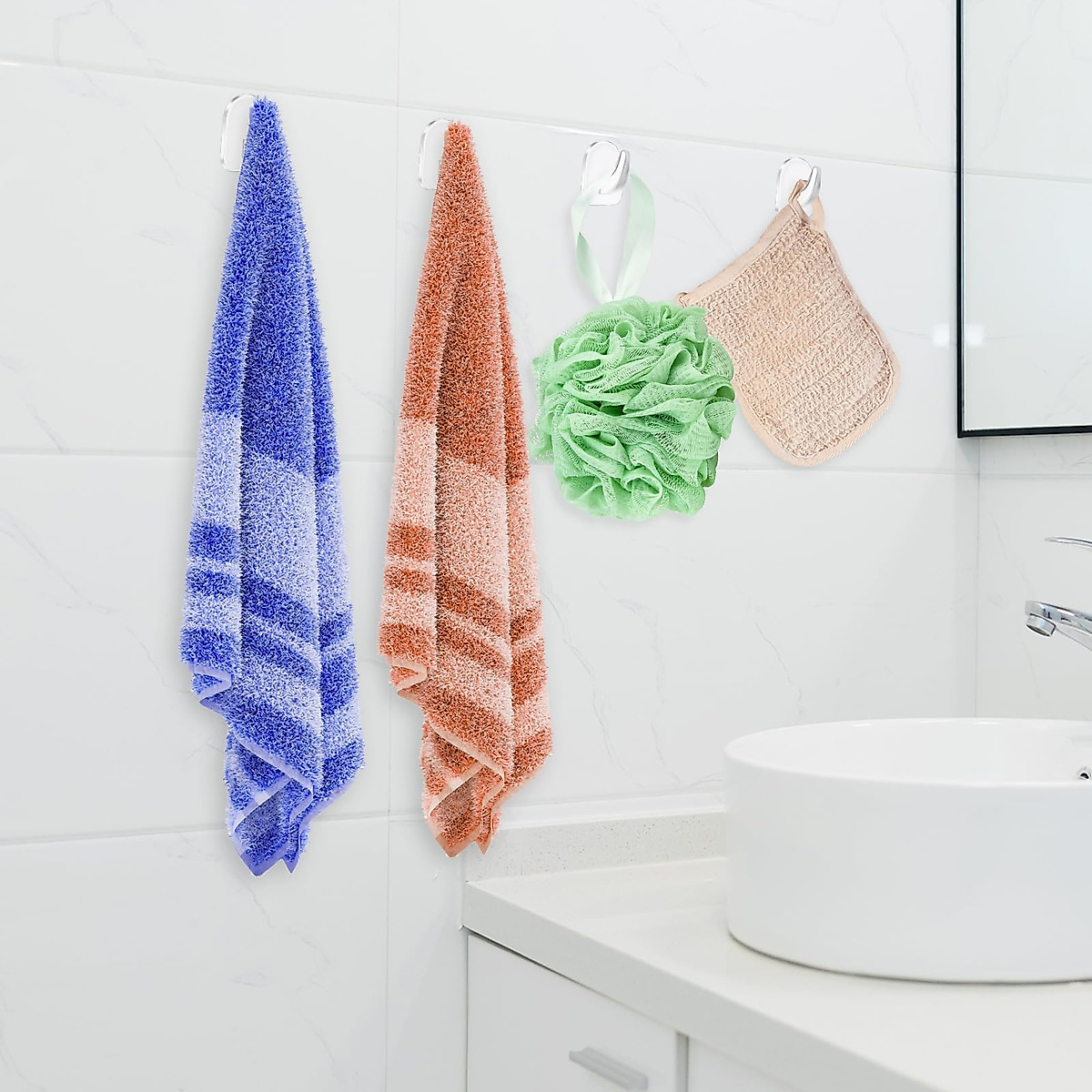 Sibba 30Pcs Clear Adhesive Wall Hooks for Hanging, Transparent Reusable Heavy Duty Hooks Acrylic Sticky Hangers with Non Marking Sticker for Kitchen Bathroom Bedroom Office