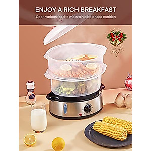FOHERE Electric Food Steamer for Cooking, Vegetable Steamer 800W Fast Heating with 3 Tiers BPA-Free Nested Basket Trays and Auto Shut-off 60-min Timer, Rice Bowl Included, 9.5QT