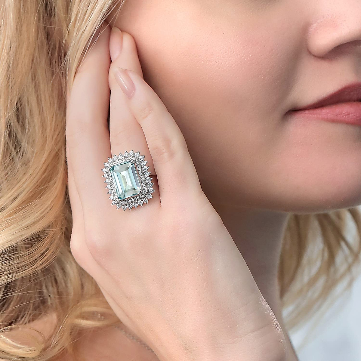 Gem Stone King 925 Sterling Silver Sky Blue Simulated Aquamarine Ring For Women (7.24 Cttw, Emerald Cut 14X10MM, Available In Size 5, 6, 7, 8, 9)