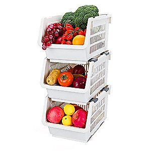Baffect Pantry organizers, set of 3 Plastic Basket with rollers, Stackable Storage Bins for onions and potatoes (Beige)