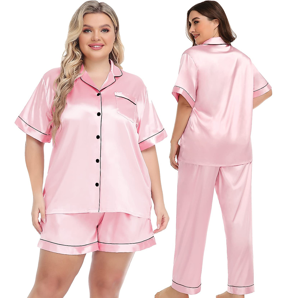SWOMOG Silk Satin Pajama Set for Plus Size Women Button-Down Loose Bride Pajamas Pink Sleepwear and Loungewear Set 24W