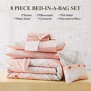 WRENSONGE Pink Queen Comforter Set, 7 Pieces Soft Microfiber King Size Comforter with Fitted Sheet, Flat Sheet, 2 Pillow Shams, and 2 Pillowcases- Khaki Warm King Bedding Set for All Season