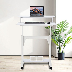 UNICOO – Crank Adjustable Height Standing Desk, 2 Tier Adjustable Sit to Stand up Desk, Mobile Standing Desk, Rolling Desk – (White Top/White Frame) 2T-Crank