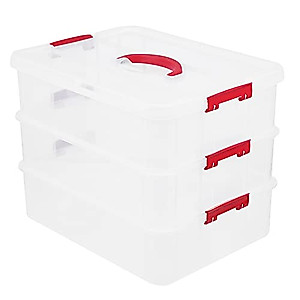 LUOZZY 3-Tiers Stack Carry Storage Box with Handle Large Capacity Stationery Cosmetics Storage Organizer Transparent Storage Bins Stackable (Red)
