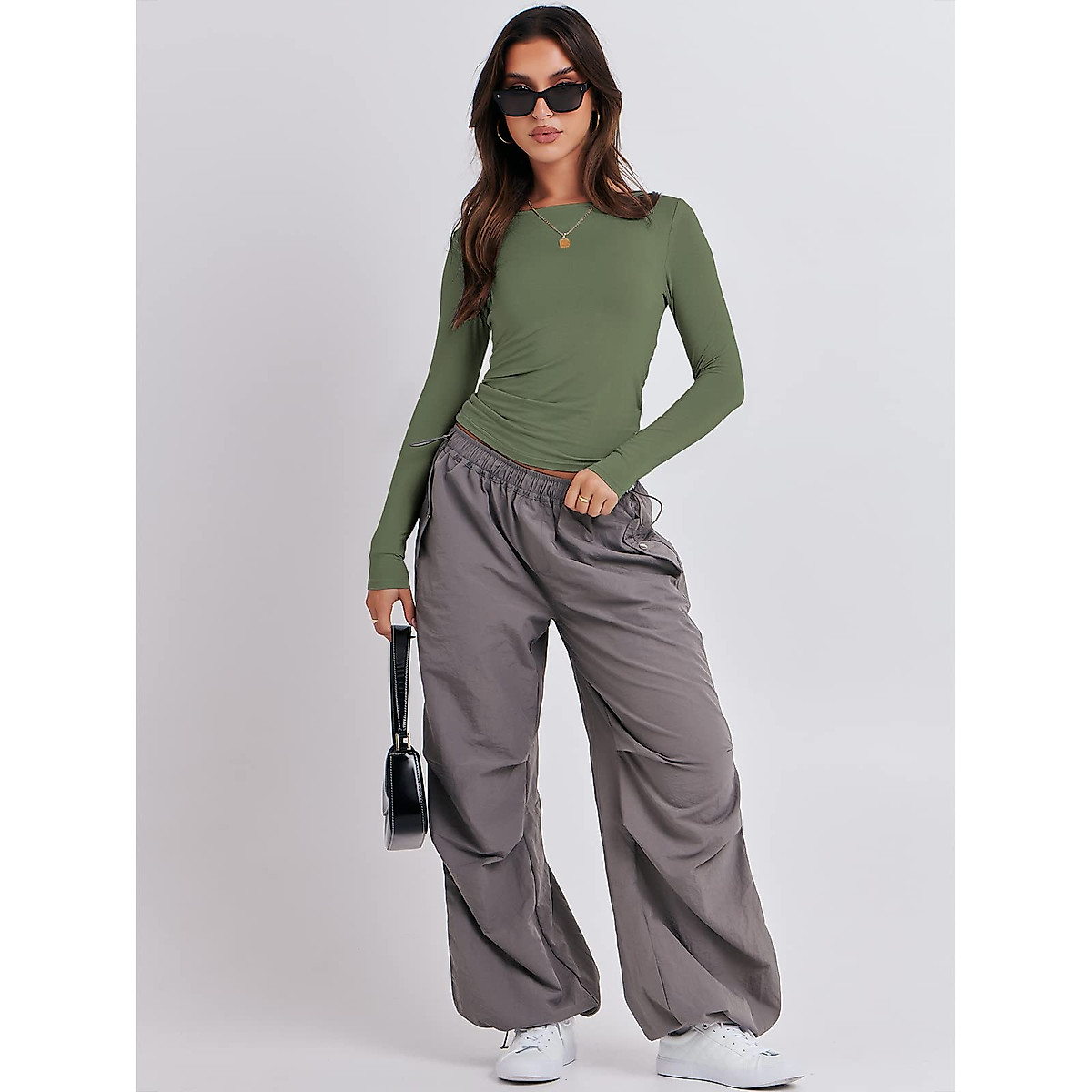 ANRABESS Women’s Long Sleeve Shirts Tight Fitted Going Out Crop Tops Crewneck Basic Tee Y2k Outfits Teens Girls Clothes Army Green S