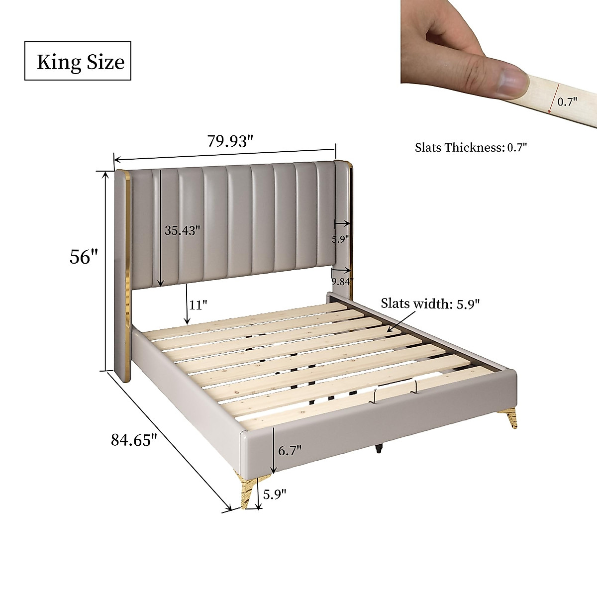 King Size Bed Frame, Upholstered Platform Bed with Tall Channel Tufted Headboard, Classic Modern Grey Mattress Foundation with Thickening Pine Wooden Slats and Metal Leg, No Box Spring Needed