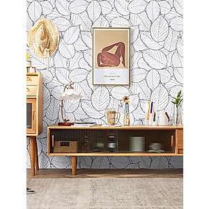 Kitico Gray Leaf Wallpaper 17.7''x197'' Modern Gray Leaf Peel and Stick Wallpaper Removable Self Adhesive Wallpaper White and Gray Leaves Contact Paper forBedroom Home Decoration