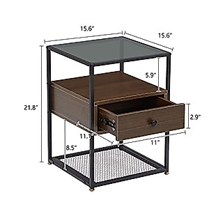 Kinfant End Table Set with Drawer - Nightstand Bedside Table with Mesh Shelf, Side Table with Glass Top for Hallway, Living Room, Bedroom, Rustic Brown and Black (2)