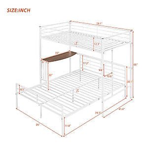 BIADNBZ Twin Over Full Metal Bunk Bed with Desk, Steel L Shaped Bedframe w/Ladder and Quality Slats for Kids, Adults, No Box Spring Needed, Metallic White