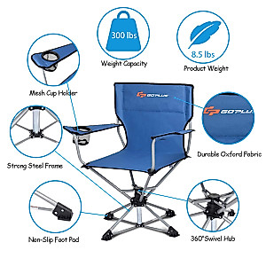Goplus Swivel Camping Chair, Potable Lawn Chair for Adults w/Cup Holder & Carrying Bag, Folding 360-degree Free Rotation Chair for Fishing Picnic Hiking Hunting Outdoor (Blue)