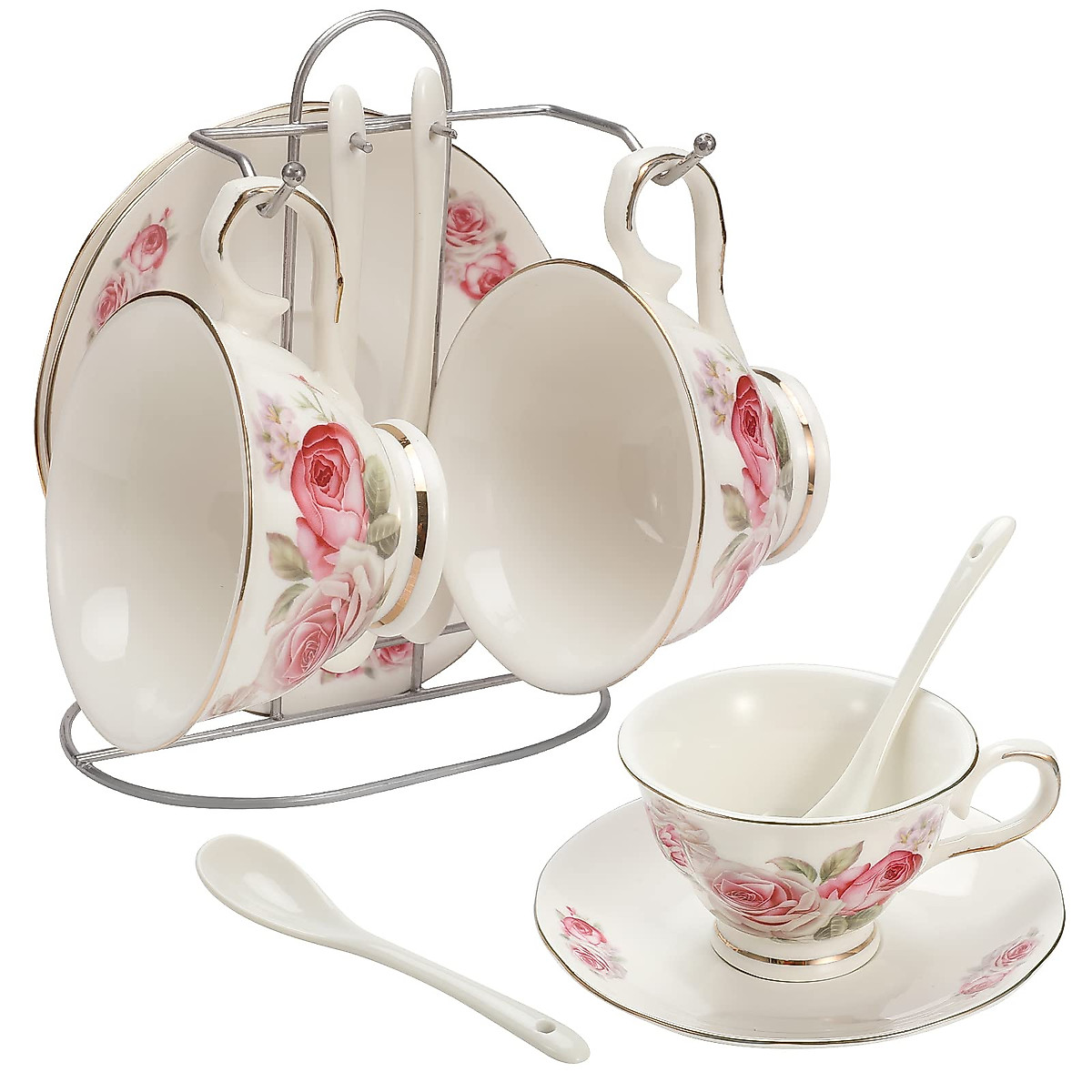 Viktorwan Porcelain Tea Cup and Saucer Coffee Cup Set with Saucer and Spoon, Set of 7 (2 Tea Cups, 2 Saucers, 2 Spoons, and 1 Bracket)