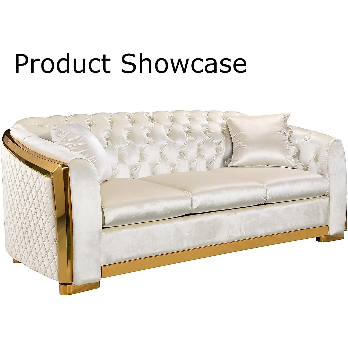 WinJoy 82.3 Inch Velvet Sofa Set for Living Room, 3 Seat Modern & Luxury Chesterfield Couch Sofa with Tufted Back&Gold Stainless Legs for Apartment, Office 2 Pillows Included Beige