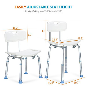 OasisSpace Shower Chair with Back, Heavy Duty Adjustable Shower Seat Stool - Medical Tool Free Anti-Slip Bathtub Seat Bench Lightweight and Durable for Elderly, Senior, Handicap, Disabled