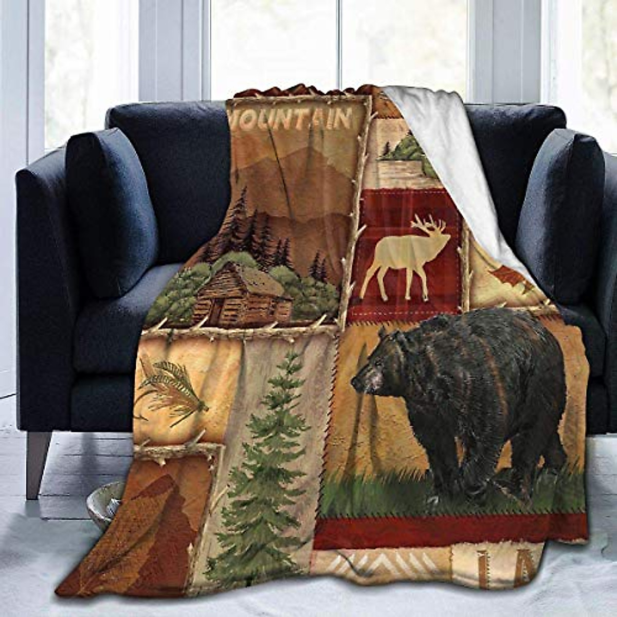 Cyloten Blanket Rustic Lodge Bear Moose Deer Fleece Blanket Foldrable Throw Blanket Washable Couch Sofa Fuzzy Blanket Reversible Plush Blanket Beach Blanket for Home Office