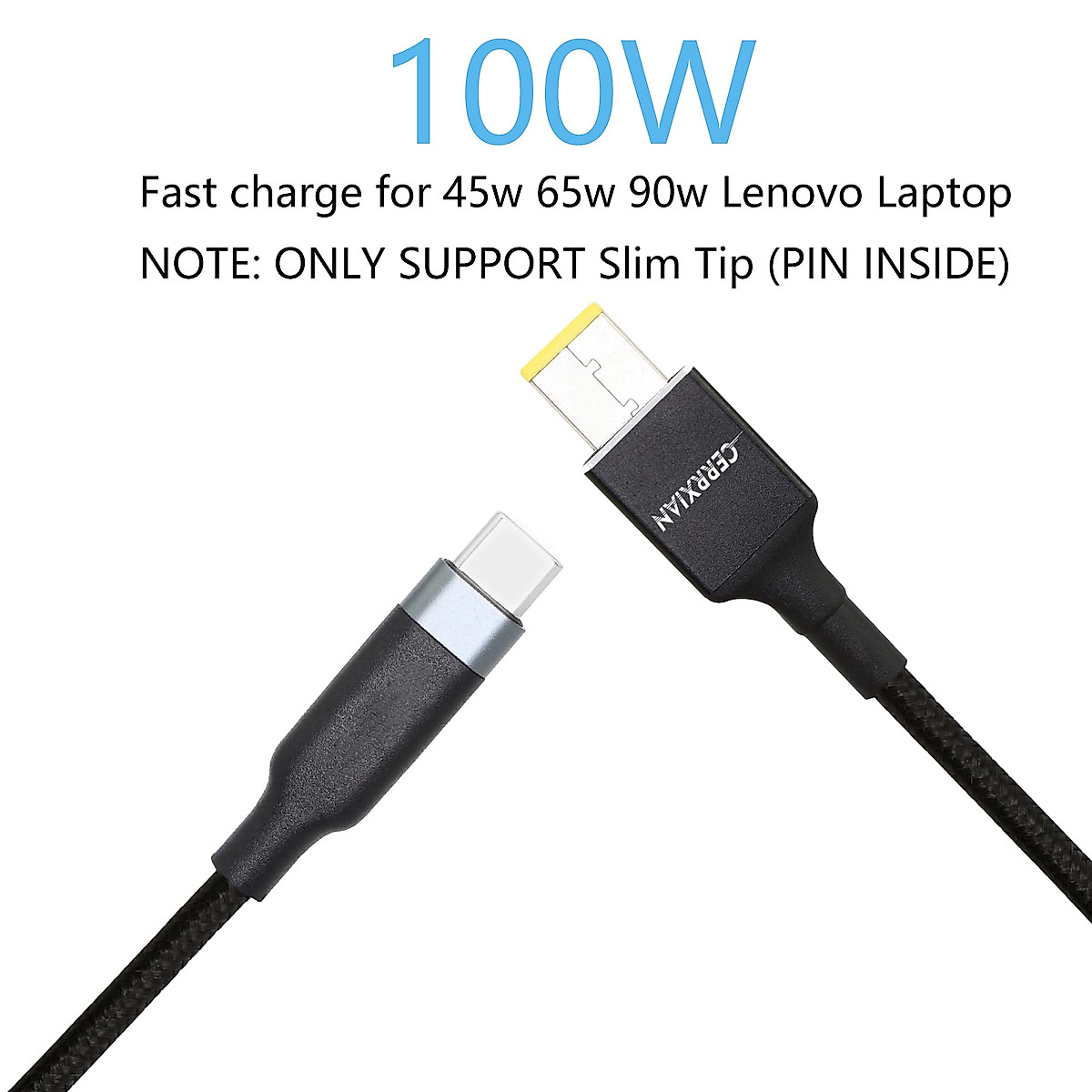 CERRXIAN 6.5ft 100W PD USB Type C Male Input to Slim tip Male Power Charging Cable for ThinkPad X1 Carbon T470s T470 T460 T460s T450 T450s(Square-100W)