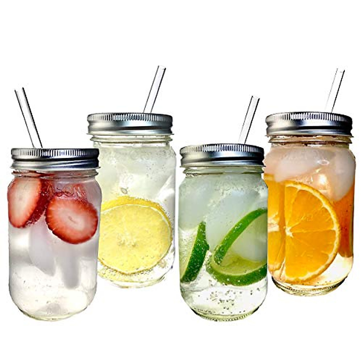 Jarming Collections- Reusable Smoothie, Iced Coffee Glass Jars with 16oz Mason Cups, Lids, Glass Straws, Bubble Tea Accessories, Environment Conscious, Pack of 4