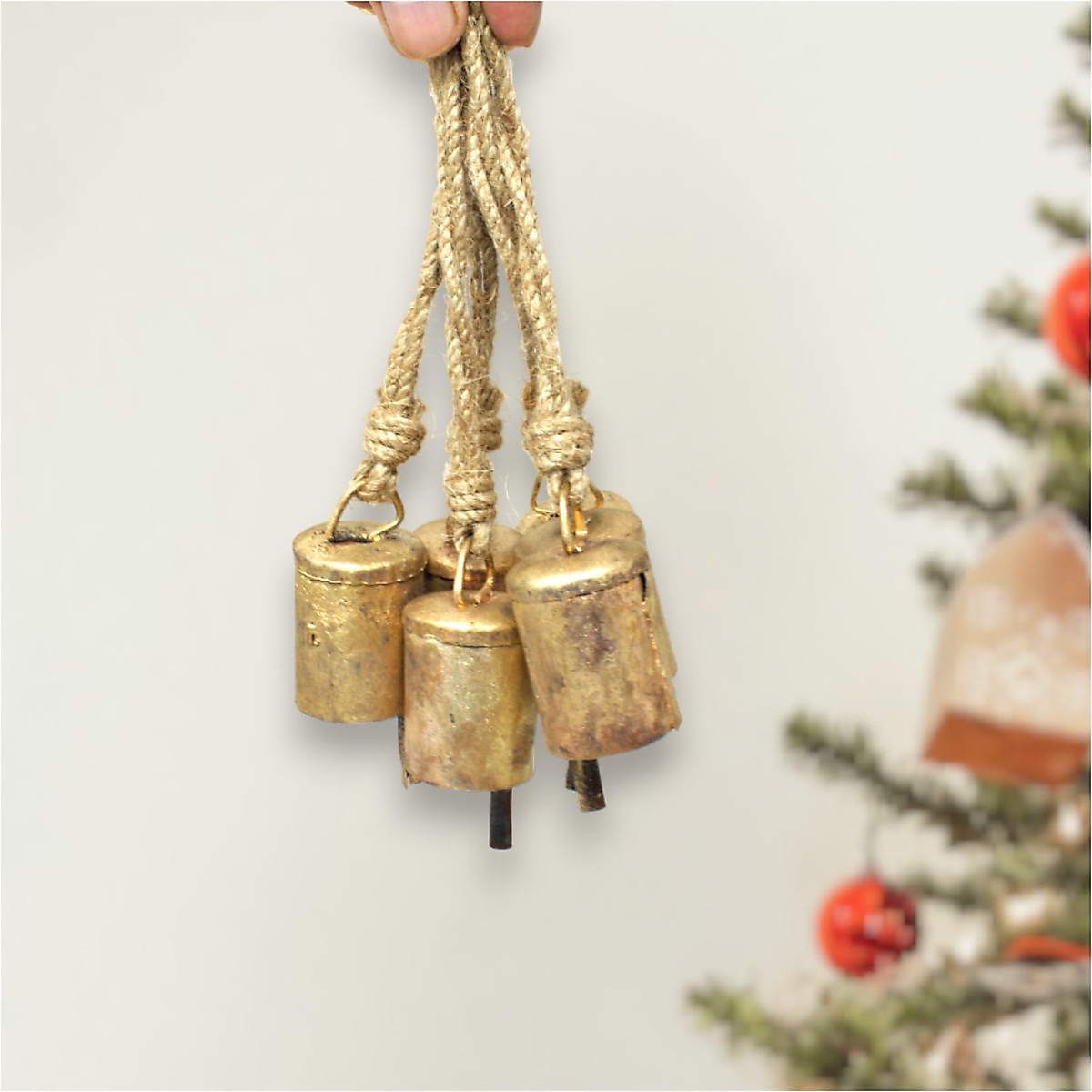 Set of 6 Vintage Antique Hanging Bells - Rustic Metal Handmade Lucky Cow Tin Tree Decoration with Rope - Perfect for Christmas or any Celebration
