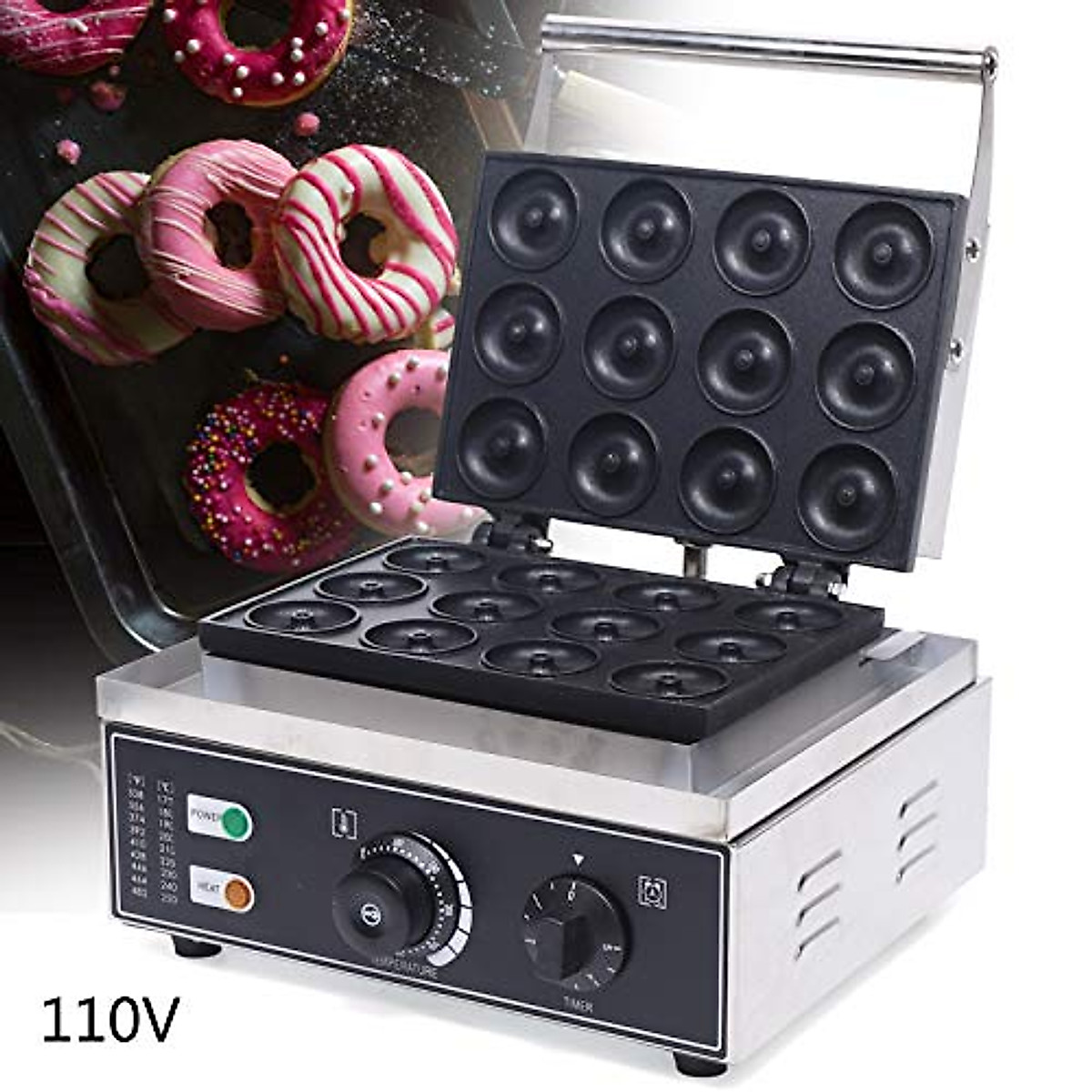 Donut Maker Machine Electric Doughnut Baker Maker Machine 110V Commercial Use Nonstick, Temperature 122-572℉,Commercial Waffle for Restaurant and Home Use (12 Holes Donut Maker)