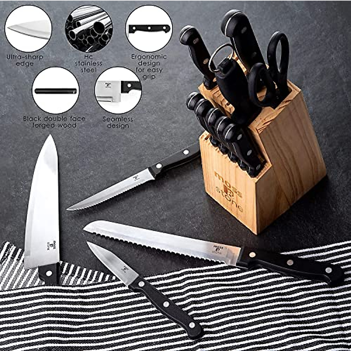 Moss & Stone Stainless Steel Serrated Knife Set | Premium Kitchen knives Set With High-Carbon Stainless Steel Blades And Wooden Block Set | Cutlery Knife Set, Kitchen Set. (14 Piece)