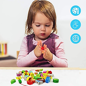 Visen 46Pcs Wooden Animals Fruits Vegetables String Threading Beads,Include 42Wooden Lacing Beads 4String Ropes,Montessori Toddler Preschool Activities Lacing Toys for Toddlers 3 4 5 6 Year Old