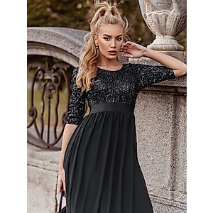 Ever-Pretty Women's Elegant A Line Crew Neck Half Sleeve Sequin Maxi Evening Dress Black US10